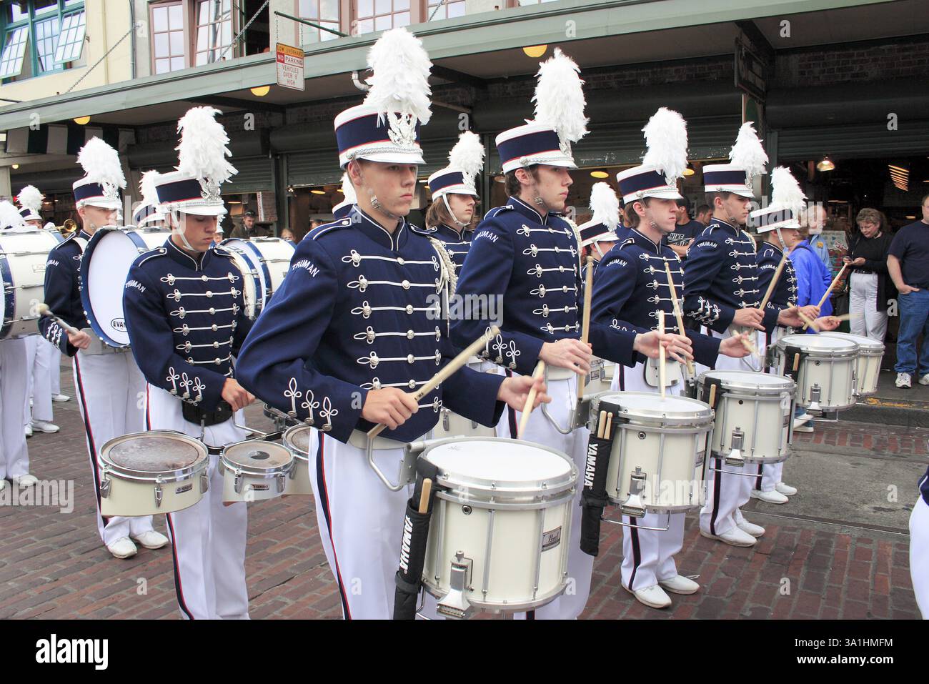 Music parade on street, playing horn brass instrument, Seattle ...