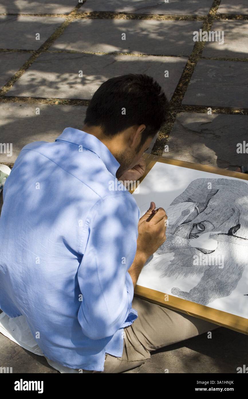 Artist making drawing with pen and black ink, India, Asia Stock Photo ...