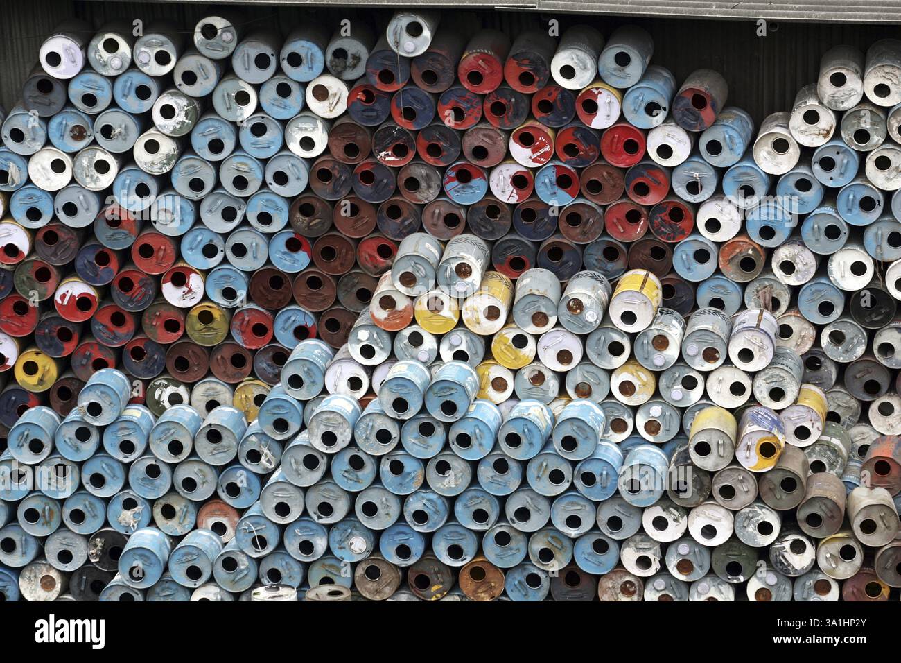 Empty color cans kept in scrap yard in Bombay Mumbai, Maharashtra ...
