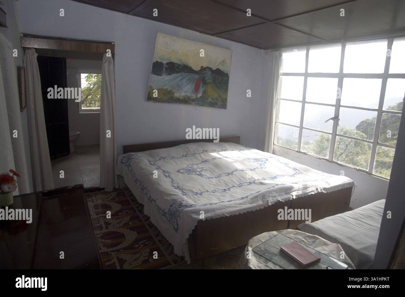 Himalaya home big window and bed, Mussoorie, Uttaranchal, India, Asia ...