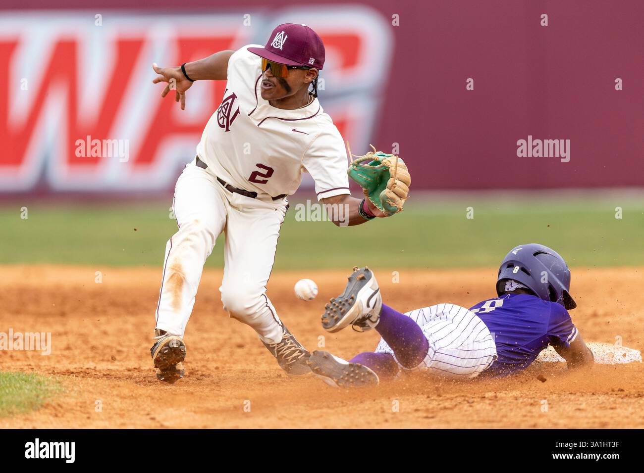 Alcorn State utility Jermel Ford (8) steals second as the throw gets ...