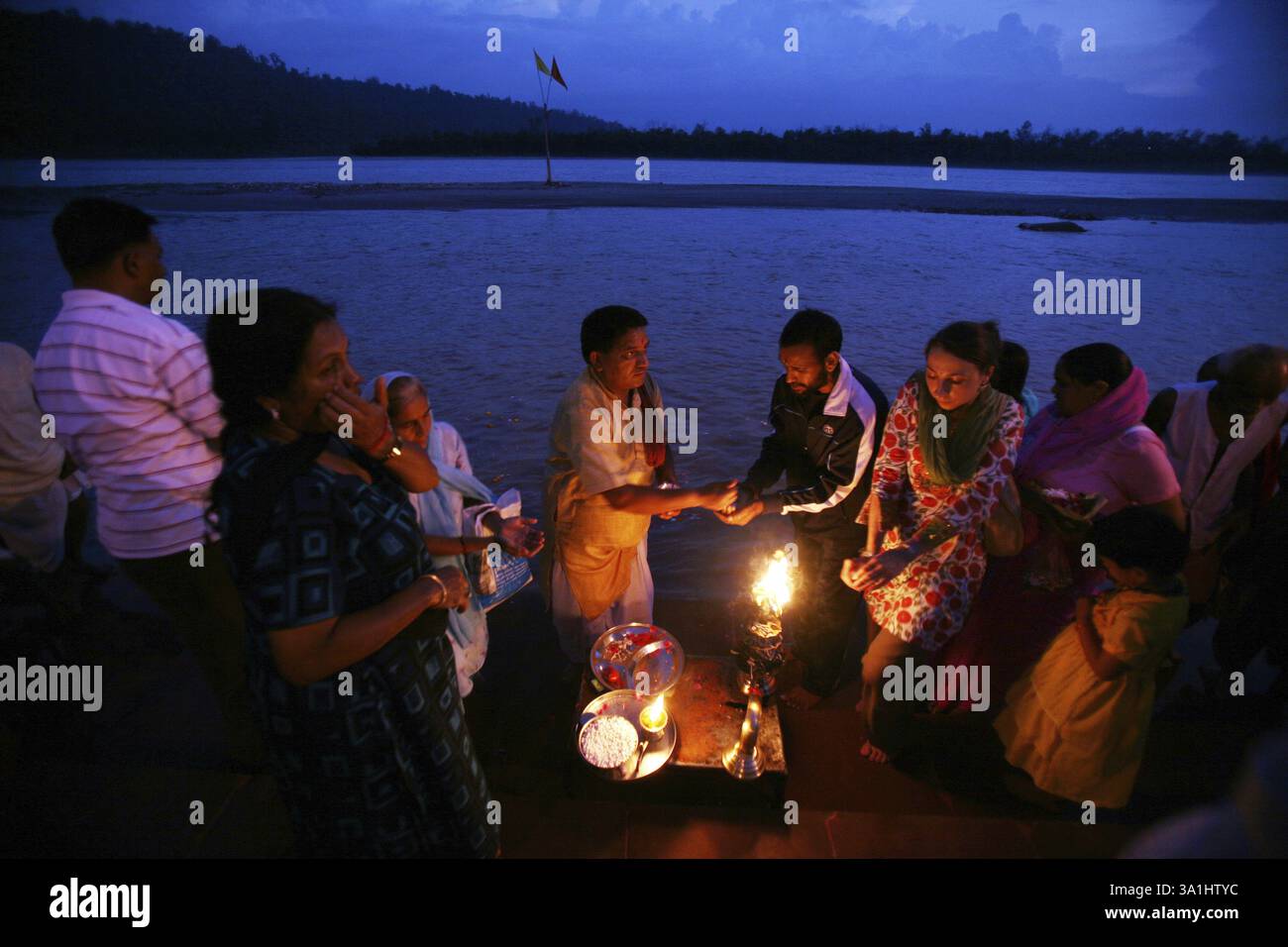 Devotees making the holy evening prayers of the Ganga River on the ...