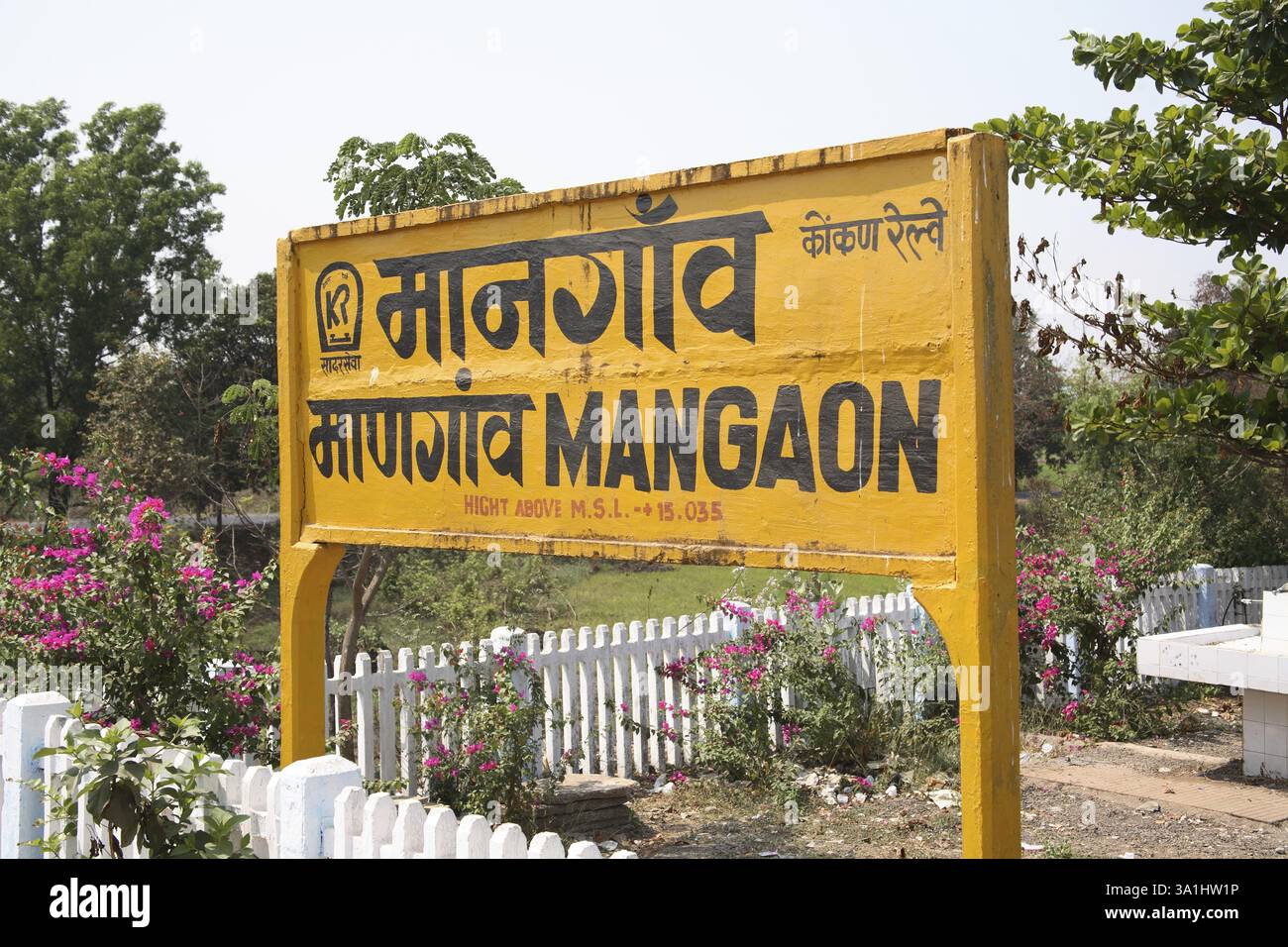Railway station name board Mangaon railway station, Konkan Railway ...