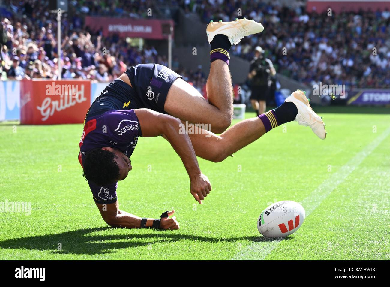 Xavier Coates of the Storm scores a try during the NRL Round 1 match ...