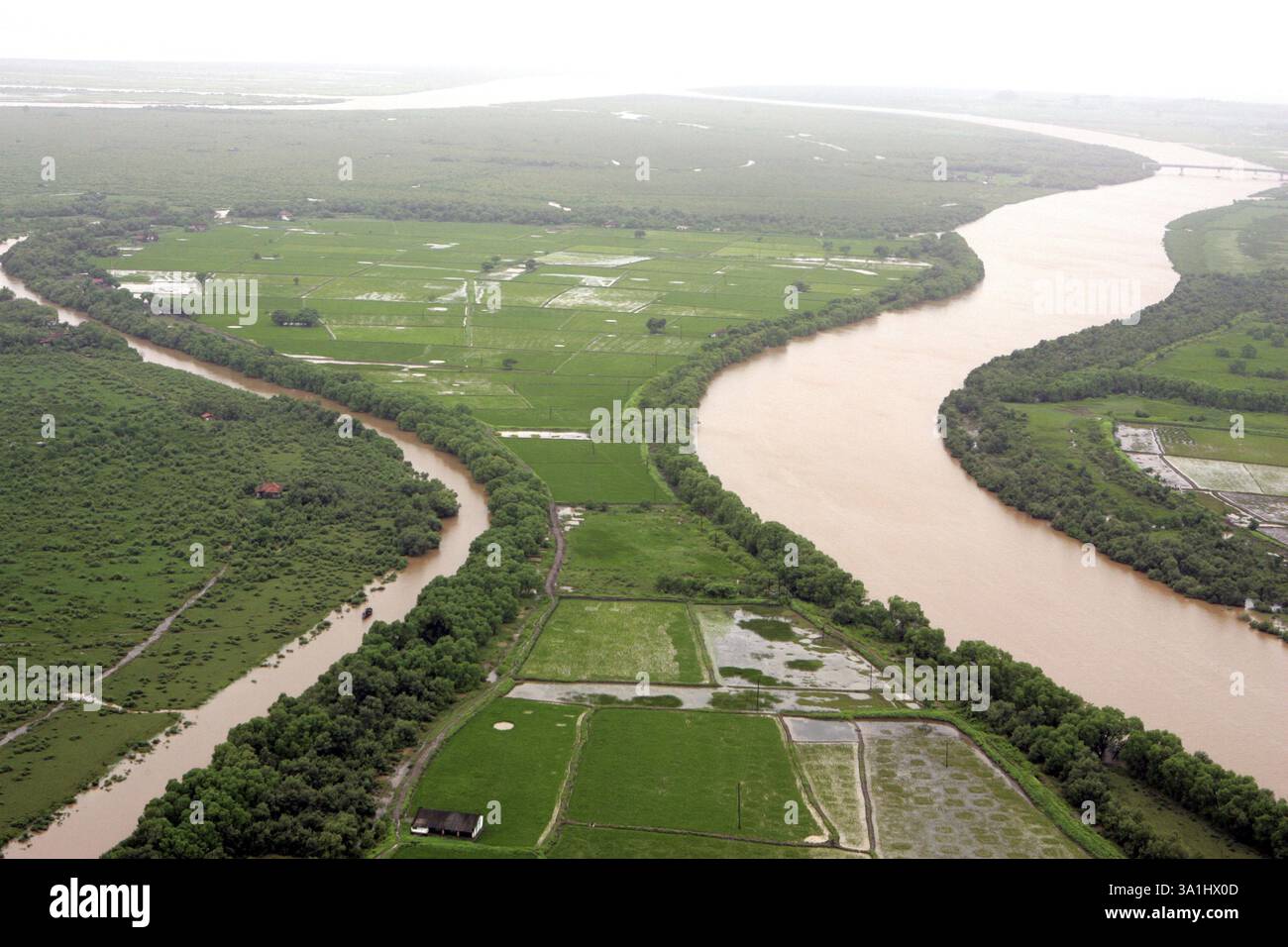 An aerial view of farming land immersed in water flood rocked in Raigad ...