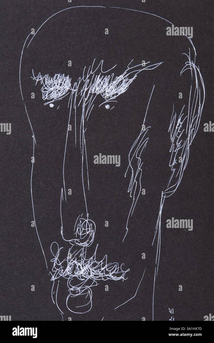 Drawing of a old age mans portrait, white ink on black mount board ...