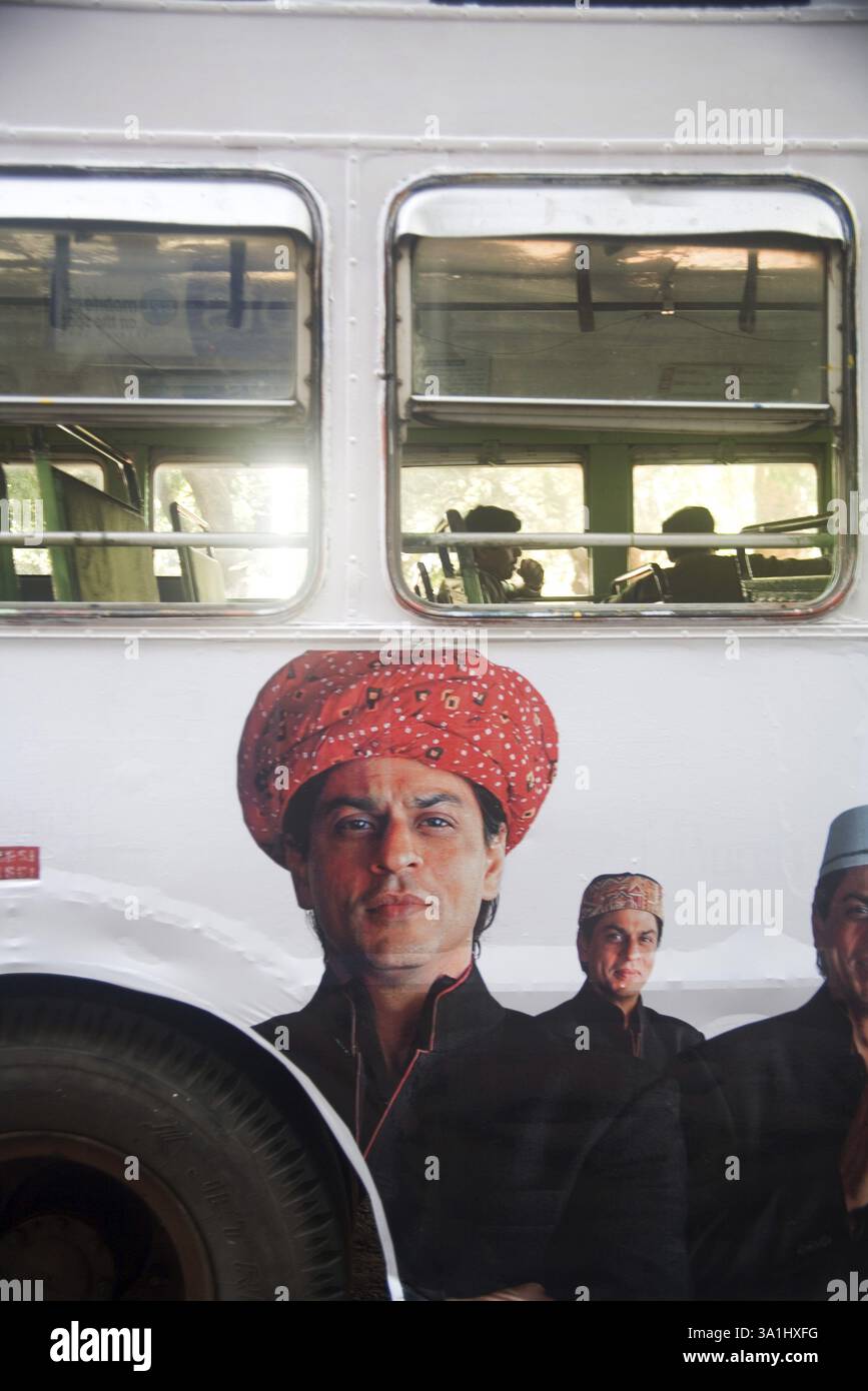 Indian film star actor Shahrukh Khan in turban poster on local bus ...