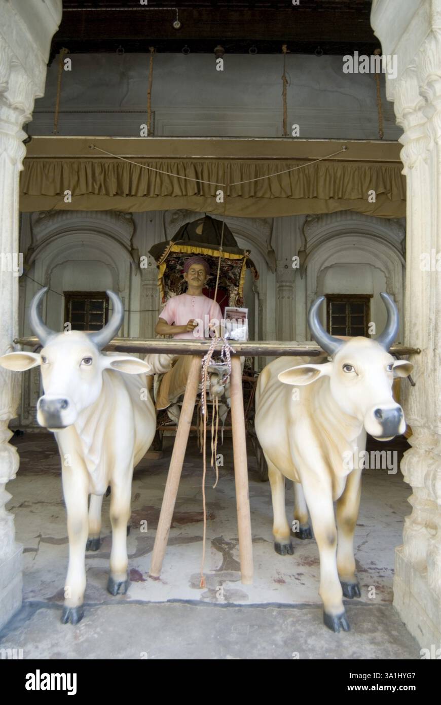 Statue of bullocks and rider in Haveli at Mandawa, Shekhawati Region ...