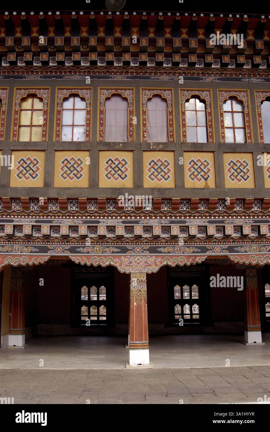 Decorative windows and pillars of Royal Palace at Capital city Thimpu ...