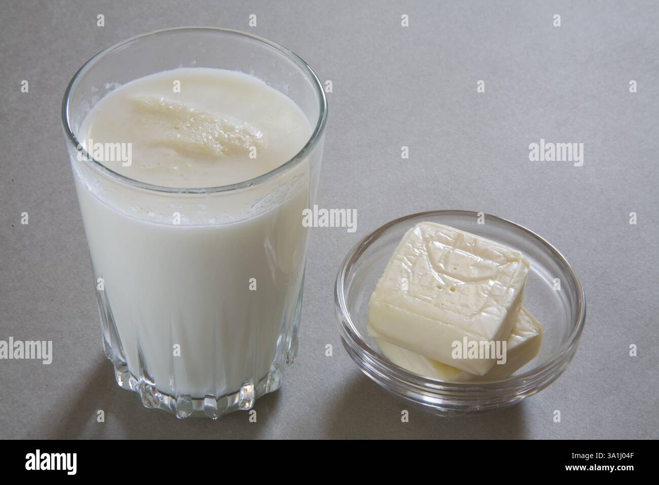 Full glass of milk and cheese made from milk dairy product, India, Asia ...