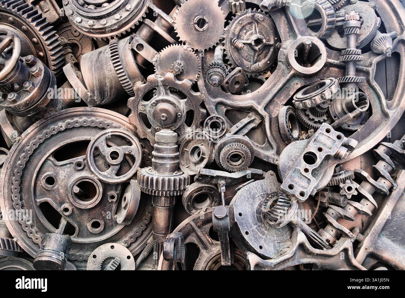 Metal gears background. Old and rusty spare parts for industrial ...
