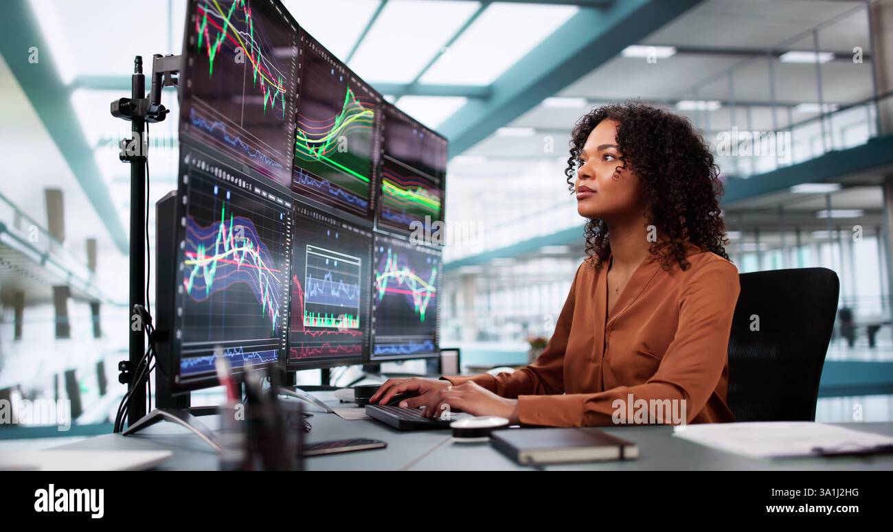 Stock Market Broker Looking At Graphs On Multiple Screens In Office ...