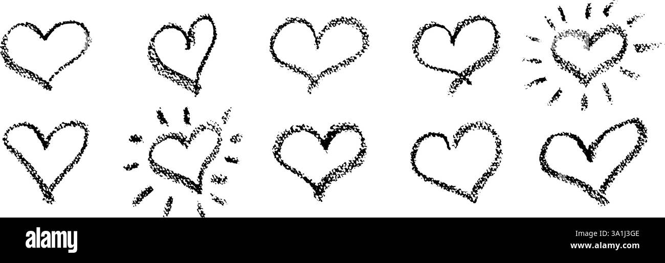 Set of black hearts signs drawn by wax pencil. Love symbols in doodle ...