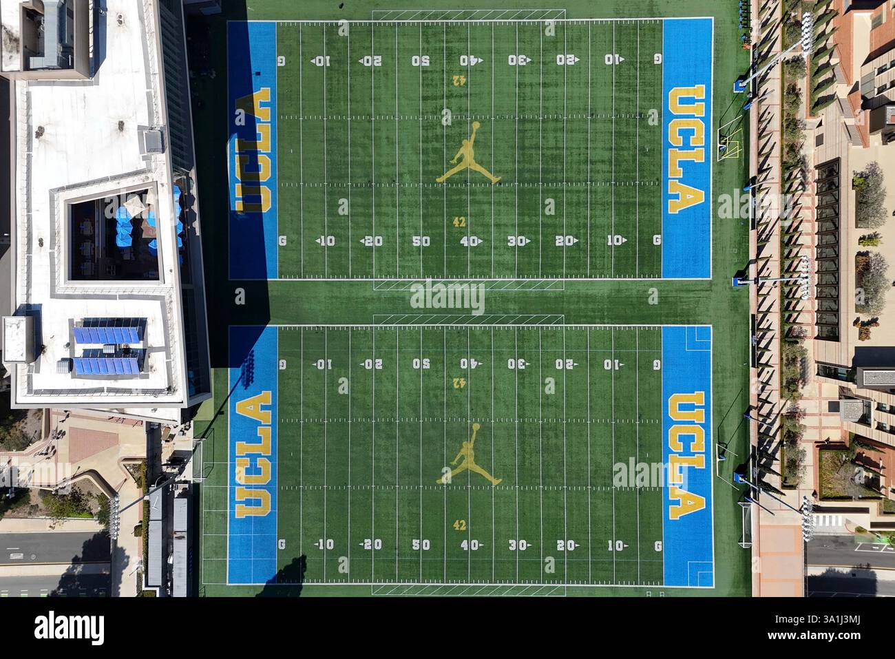 A general overall aerial view of the Nike Jordan logo on the football ...