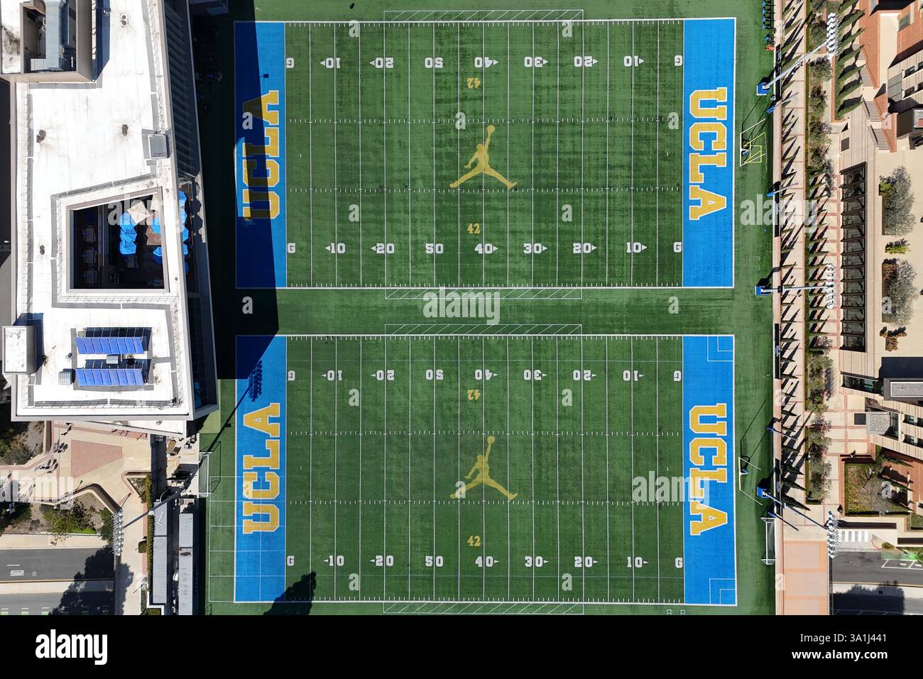 A general overall aerial view of the Nike Jordan logo on the football ...