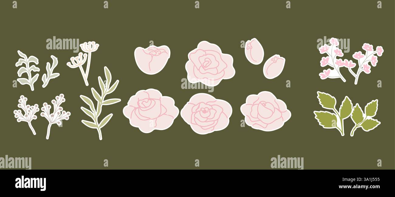 Pink floral sticker set with roses and leaves on olive background Stock ...