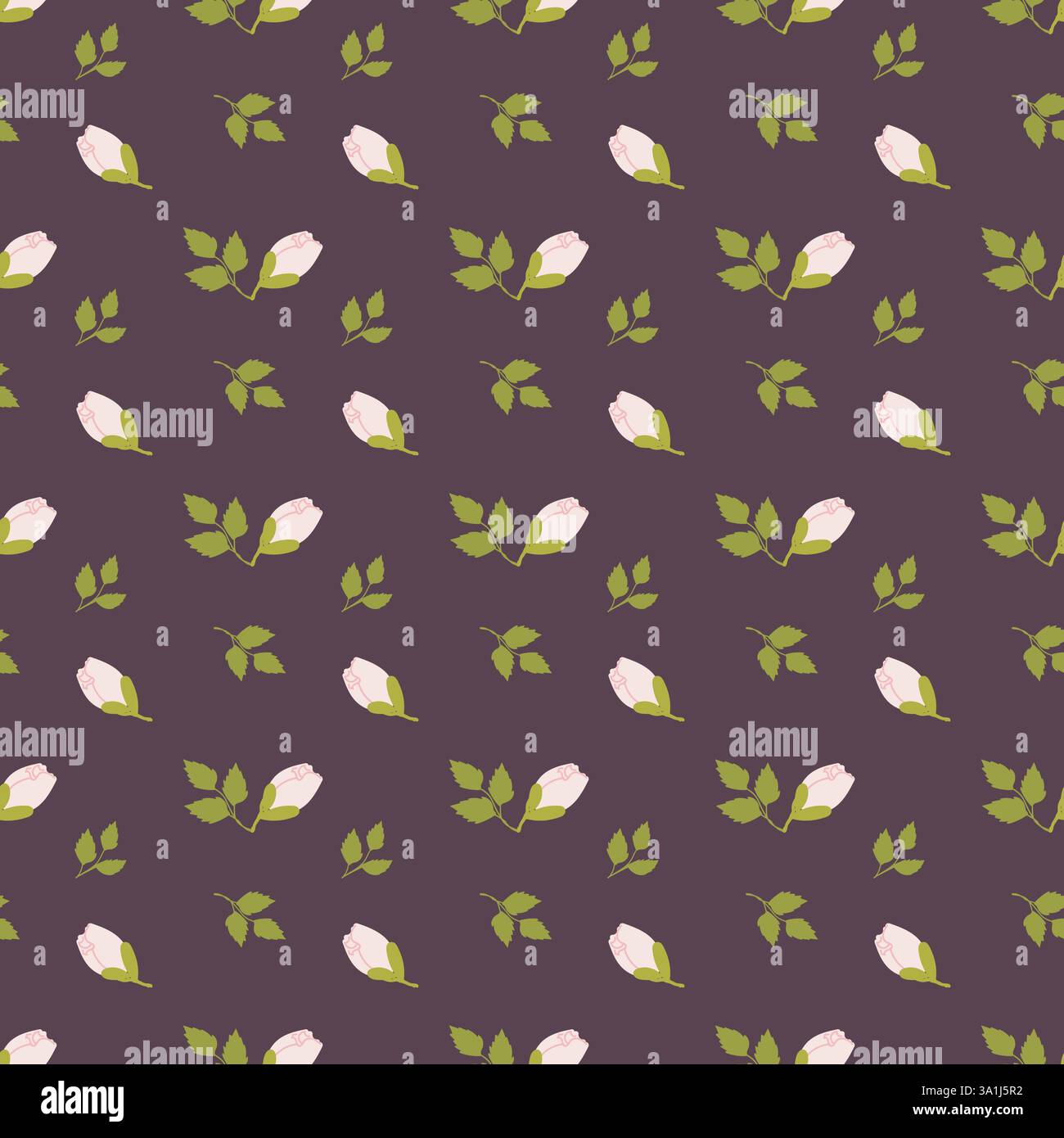 Seamless pattern of pink roses and green leaves on dark purple ...