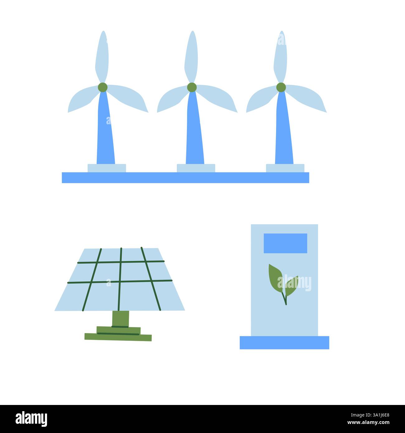 Renewable energy icons featuring wind turbines, solar panel, and eco ...