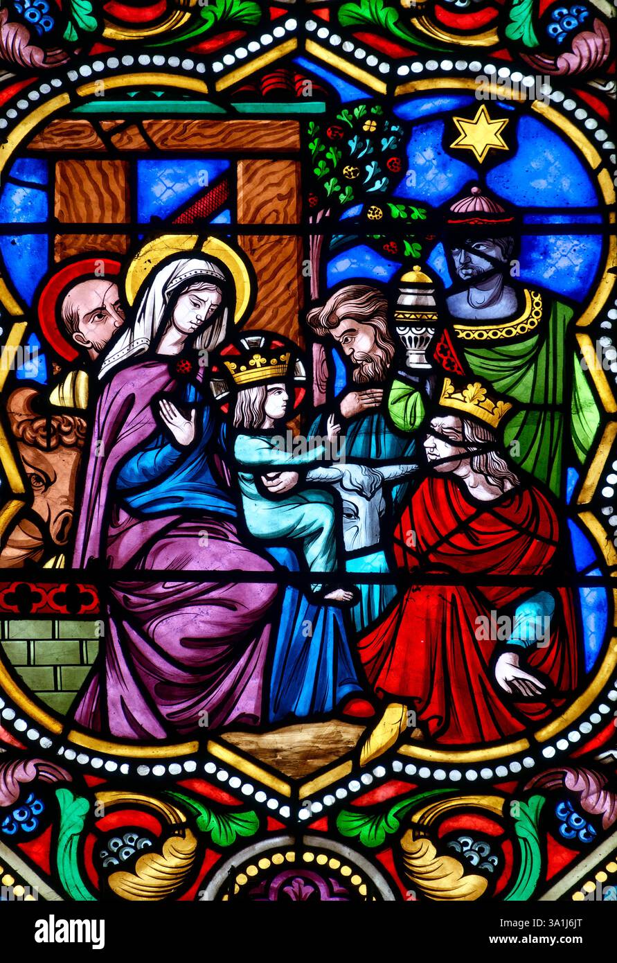 Chécy, FRANCE - 01-26-2025: Stained glass (19th century) of Christmas Nativity Scene : Adoration ...
