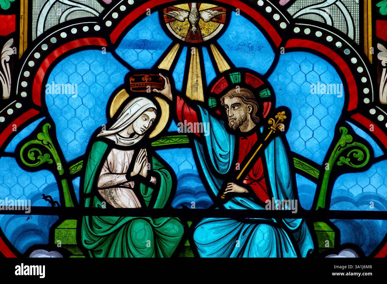 Bonnée, FRANCE - 01-27-2025: Stained glass (19th century) of Coronation ...