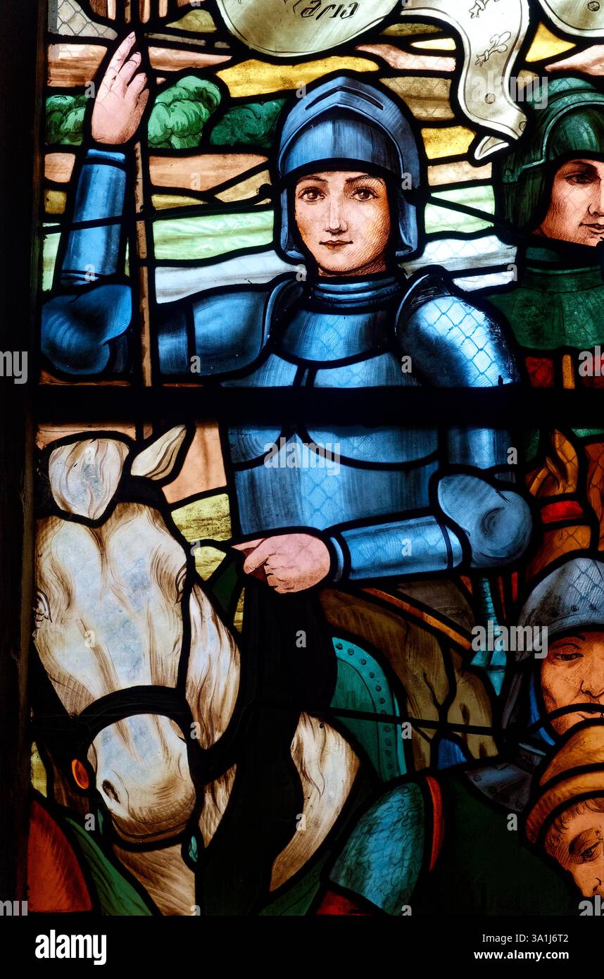 Montargis, FRANCE - 01-27-2025: Stained glass (19th century) of Saint Joan of Arc or Sainte ...