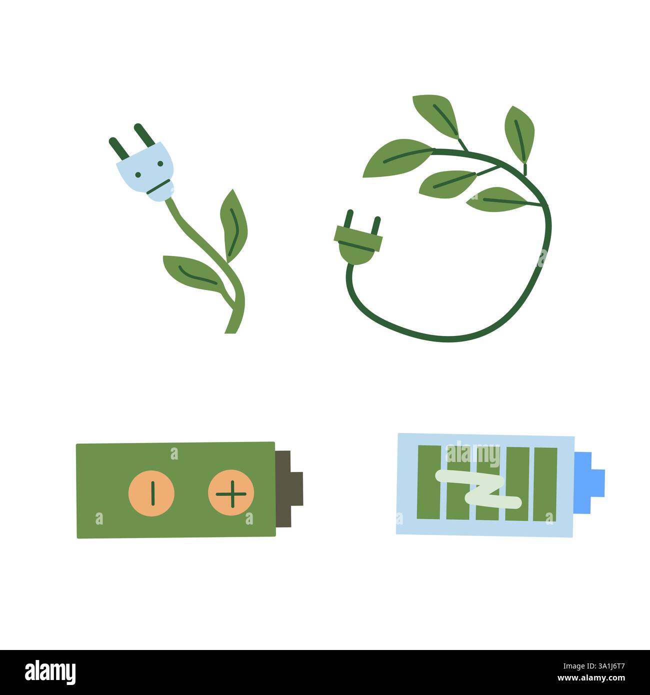 Eco-friendly energy icons: nature-inspired plugs and green batteries ...