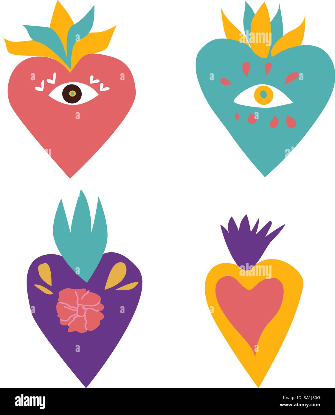 Mexican sacred hearts with flame set. Hearts with eye and flowers - for ...