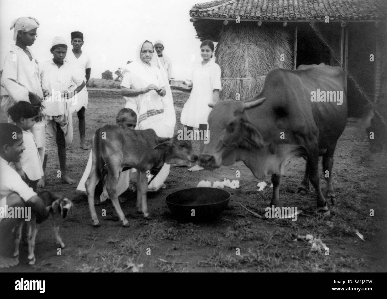 Kasturba Gandhi, Abha Gandhi and others while giving prasad (blessed ...