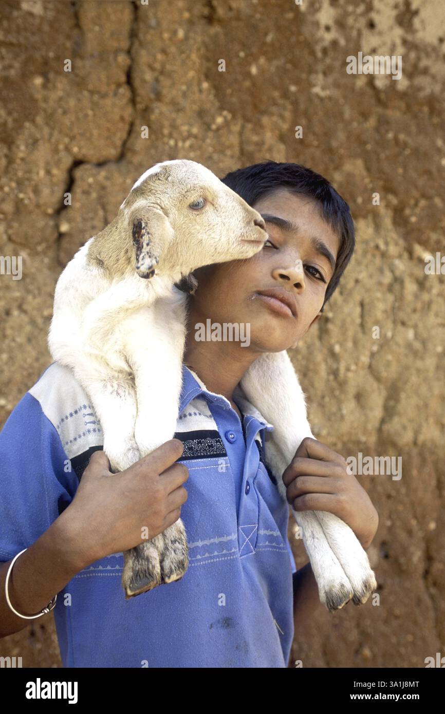 Boy pets goat kid hi-res stock photography and images - Alamy