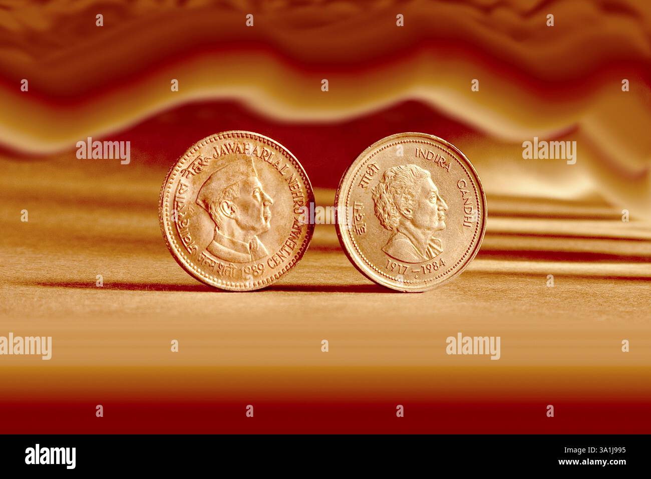 Double pair Indian currency five rupees coin and artistic background ...