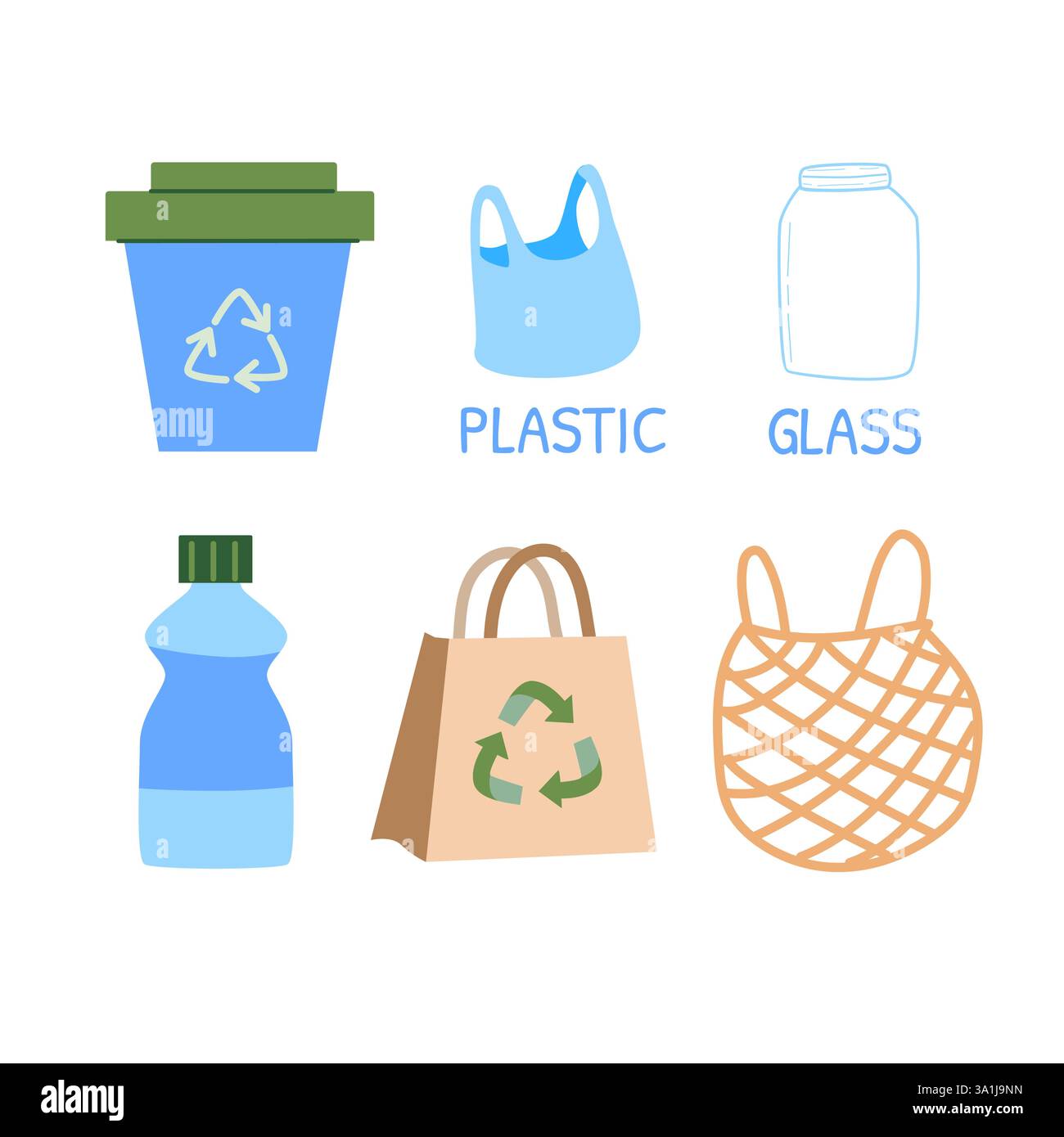 Eco-friendly waste management: recycle bin, glass jar, plastic bag ...