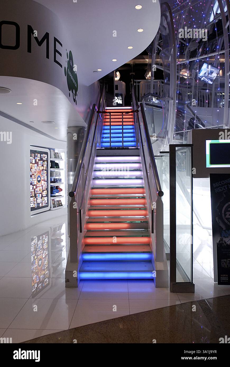 Stairs leading up to video gaming station at Victoria peak, Hong Kong ...