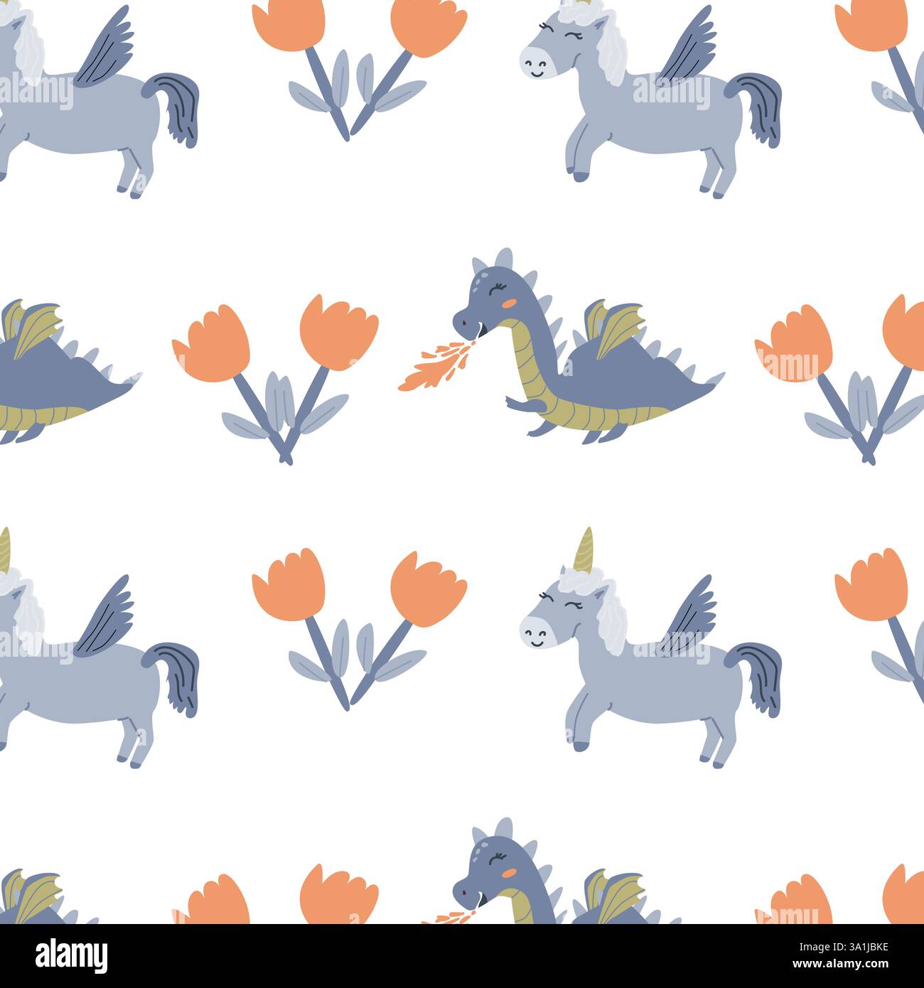 Magical fantasy pattern with dragons and unicorns for children's decor ...