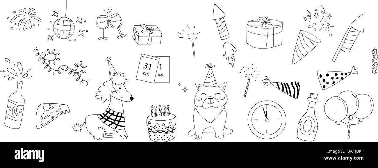 Happy New Year doodle event elements. Celebration design. Set of ...