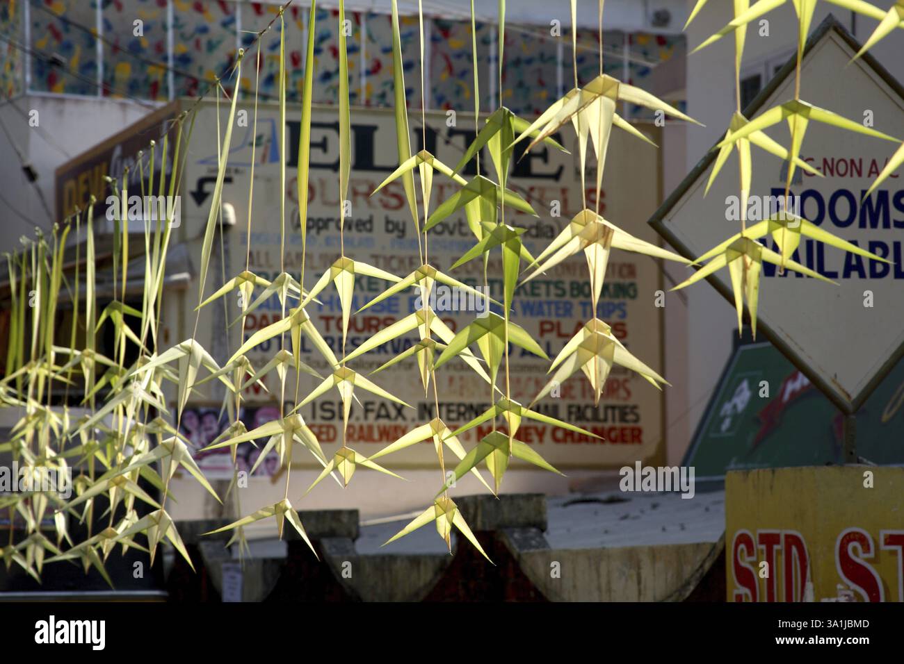 Decoration of tender coconut leaf thoranam hanged to side of road ...