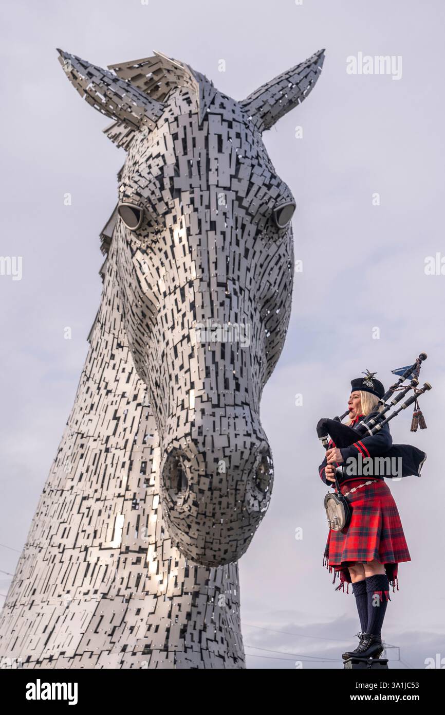 Scotland's National Piper Louise Marshall plays at The Kelpies in ...