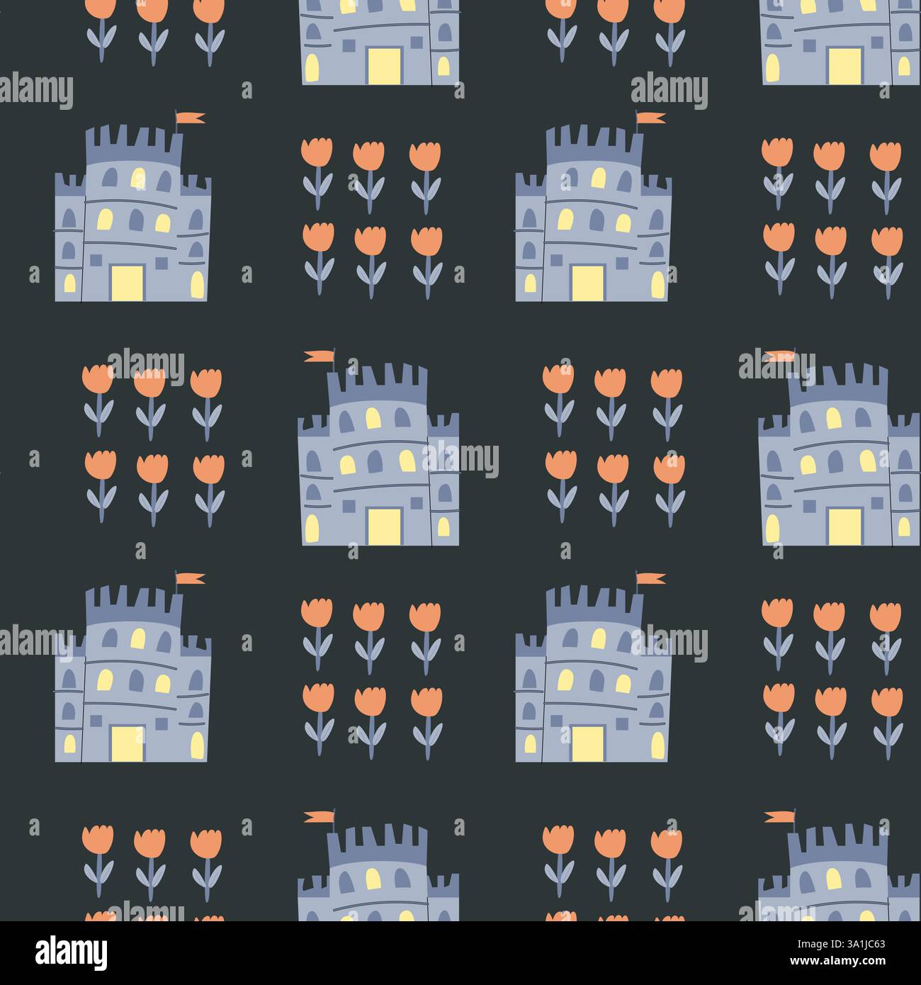 Princess castle and tulip motif pattern for textile and decor design ...