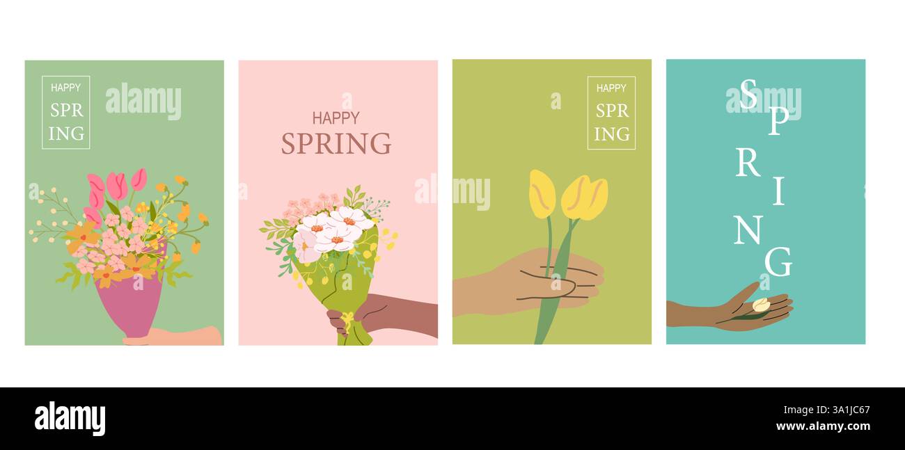 Colorful spring flower designs with multiracial hands holding bouquets ...