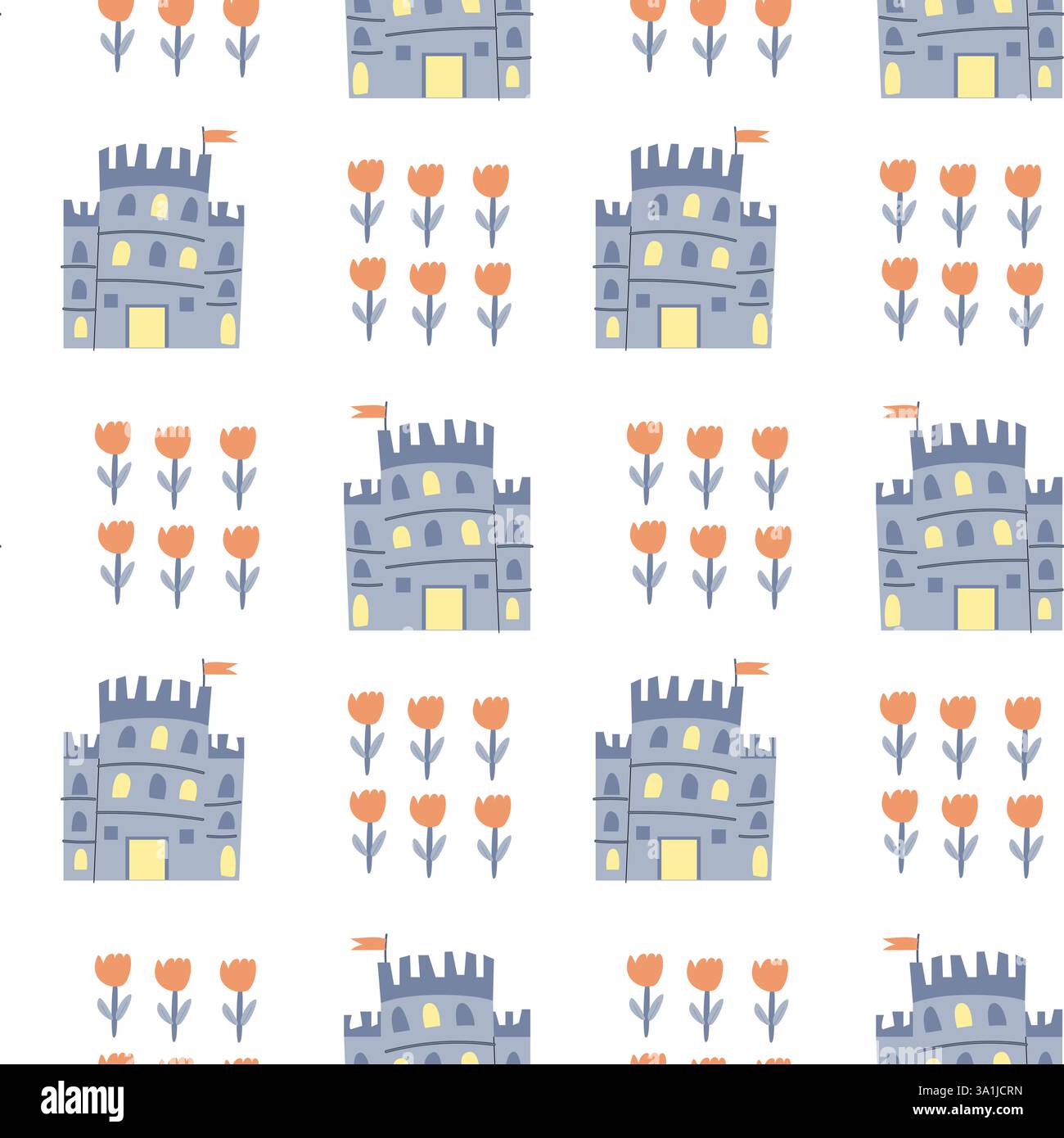 Whimsical princess castle and tulip pattern for children's design ...