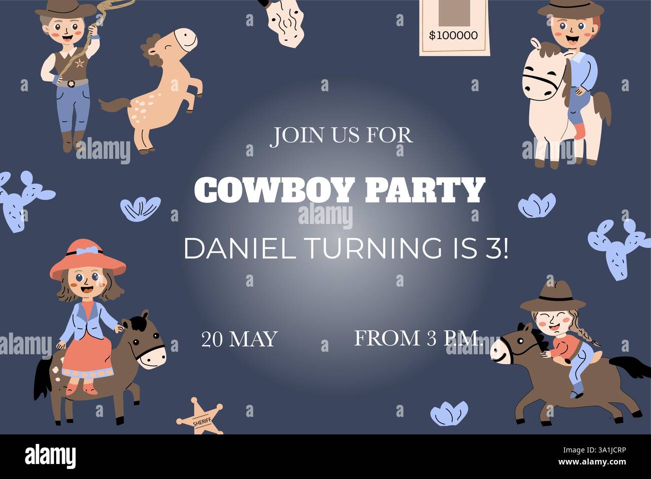 Cowboy-themed birthday invitation design for child's party celebration ...