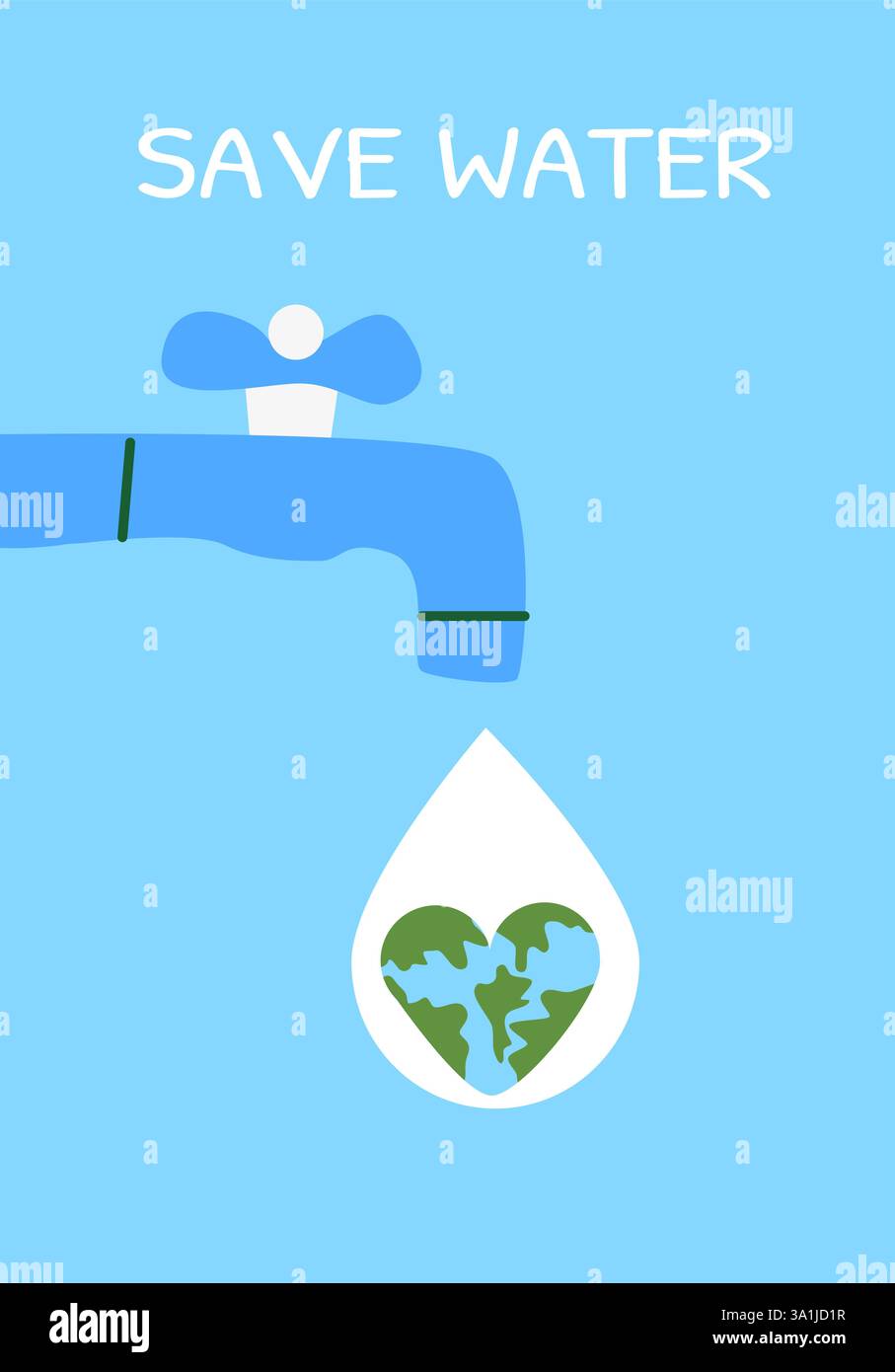 Save water campaign: blue faucet with earth heart water drop on light ...