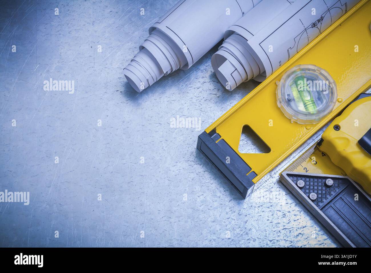 Horizontal image of measuring line construction plans and level square ...