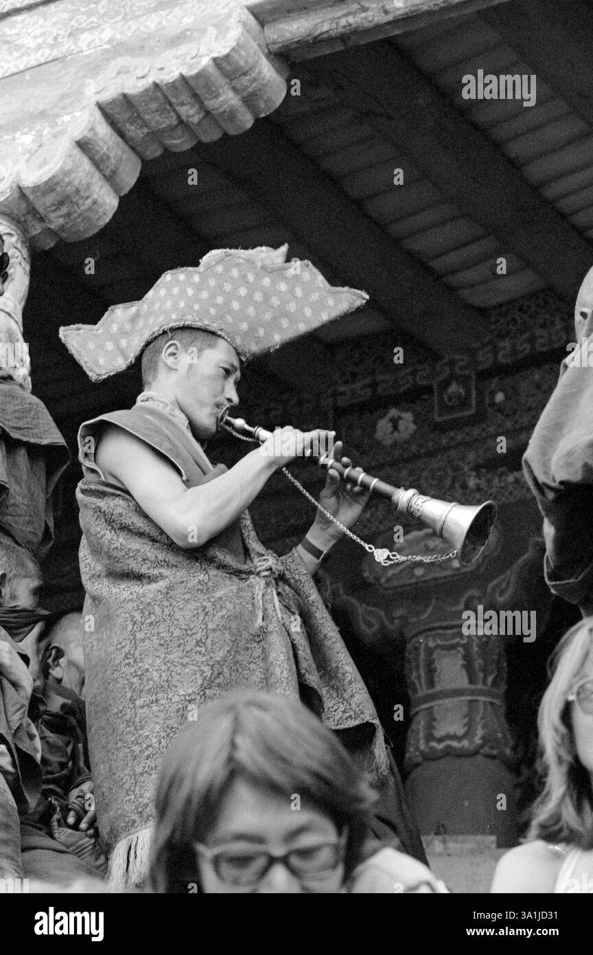 A man blowing the trumpet on Hemis festival at Hemis Gompa Ladakh ...