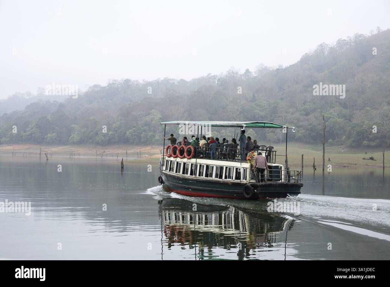 Early morning tourists on boat ride at Periyar lake, Periyar wildlife ...