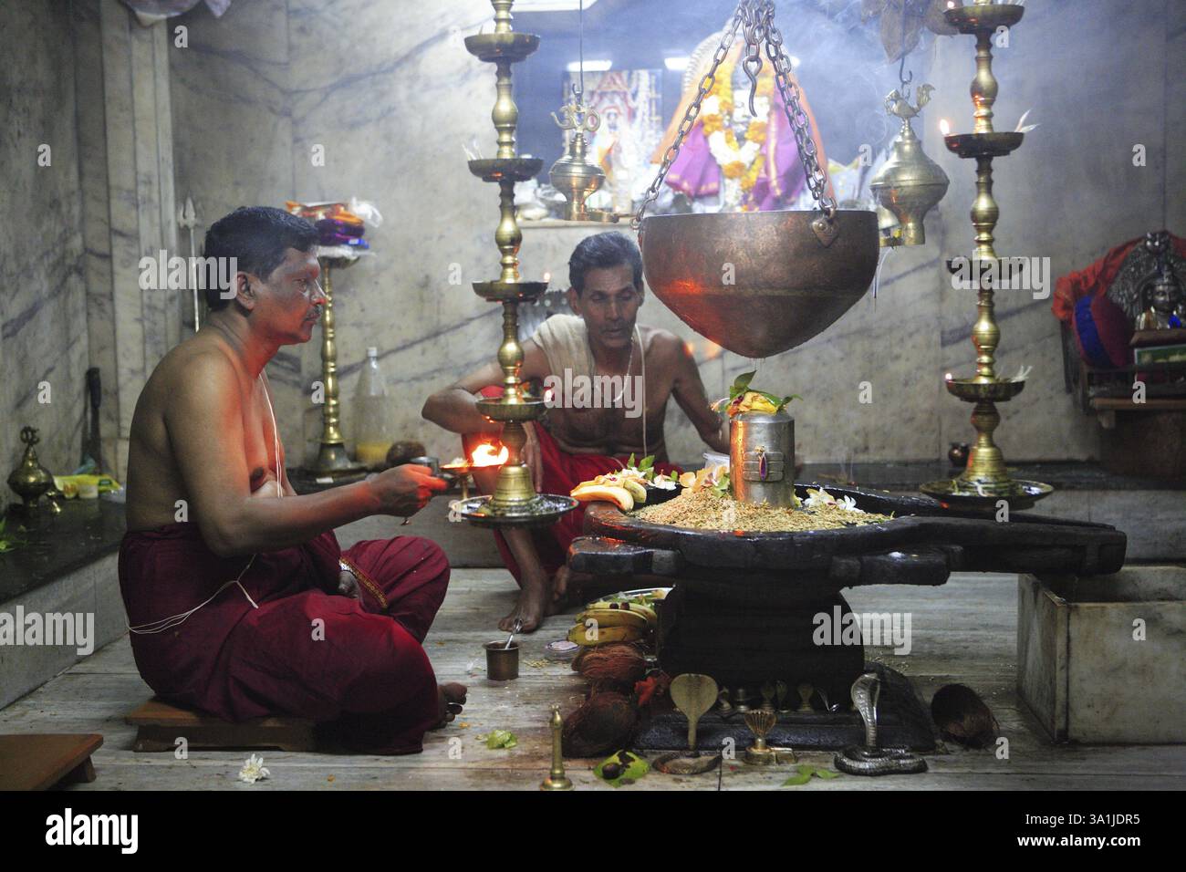 Devotees performing pooja in main shrine of Shiva Linga in Shri ...