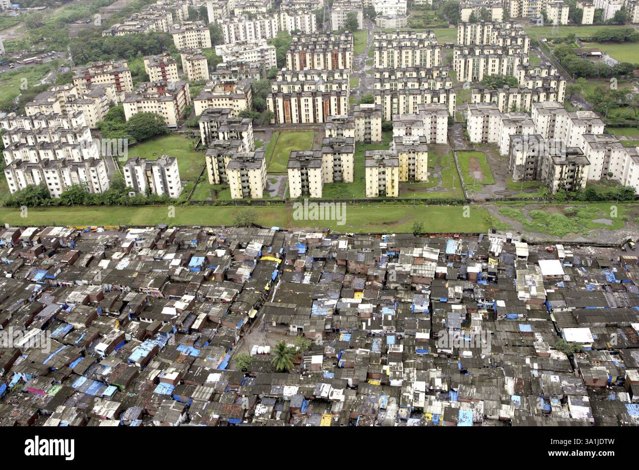 An aerial view of central government staff colony and slums represents ...