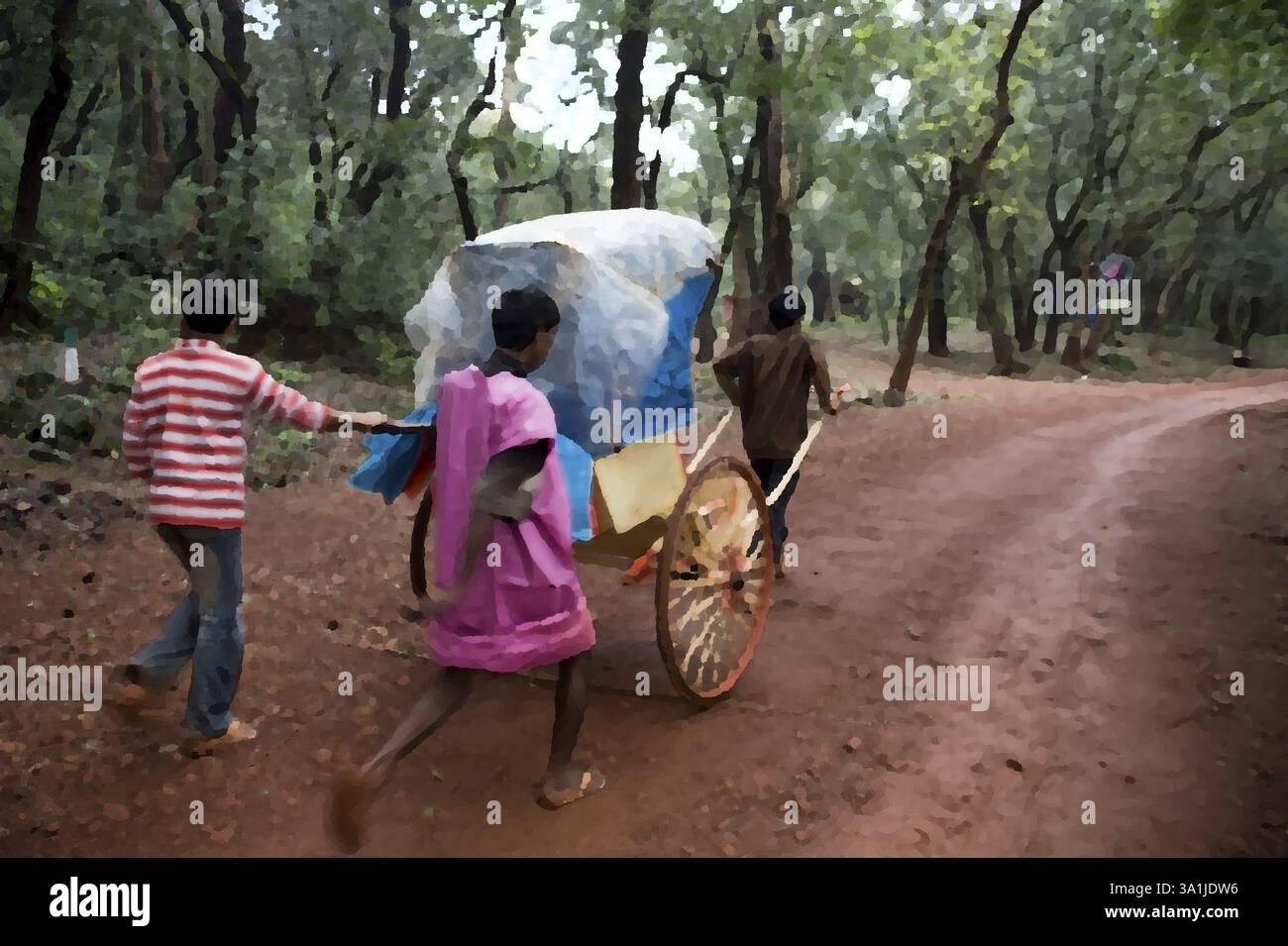 Man pulling cycle rickshaw on forest road, Matheran, Maharashtra, India ...