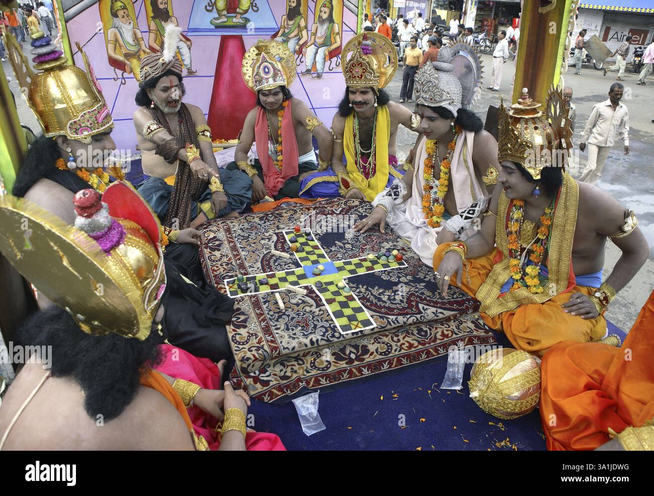 Janmashtami festival or Lord Krishna birthday celebration carnival procession with various scene ...