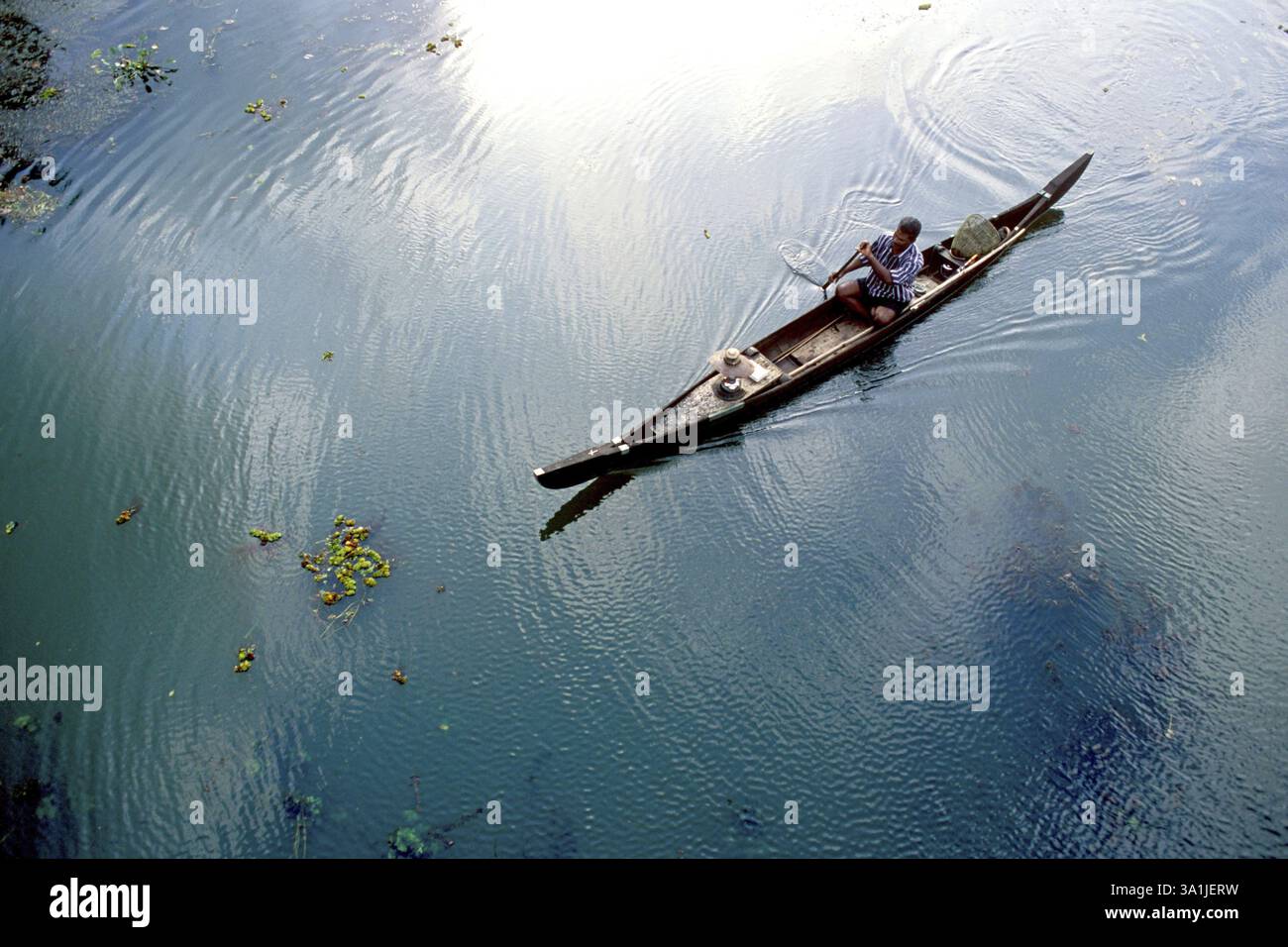 Indian man riding in boat in backwater, Kerala, India, Asia Stock Photo ...