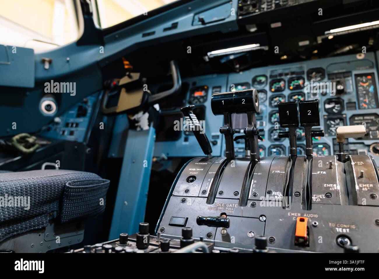The cockpit of an airplane is filled with buttons and dials Stock Photo ...